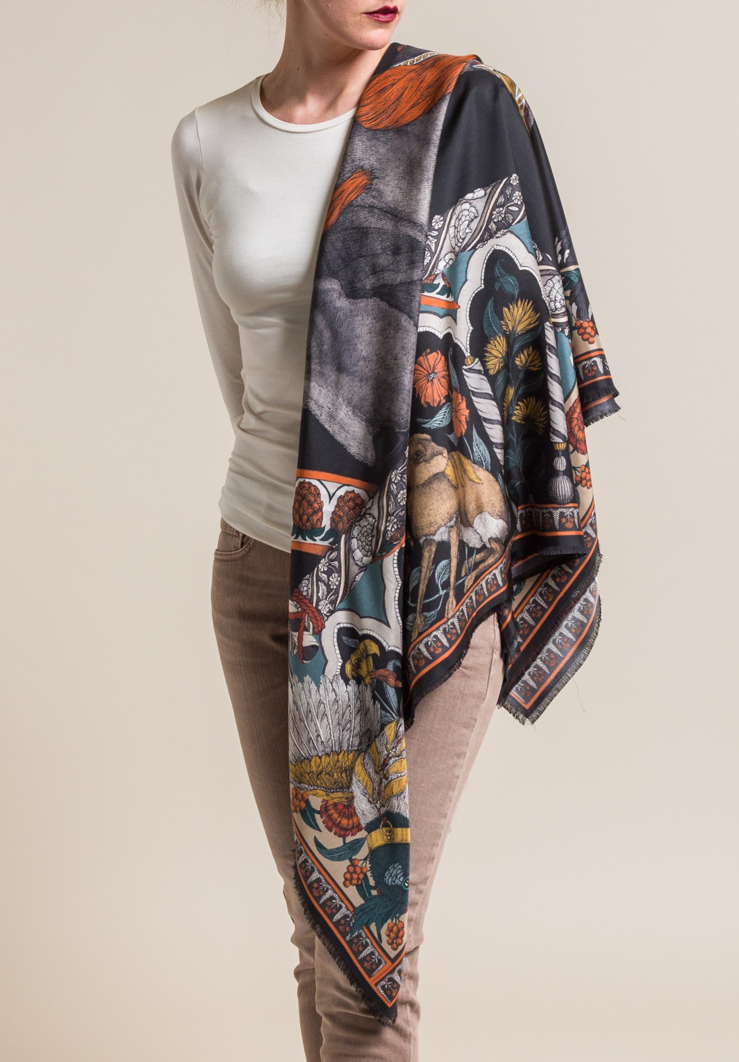 Sabina Savage Silk Twill Tipu's Hound Scarf in Coal/Cumin | Santa Fe ...